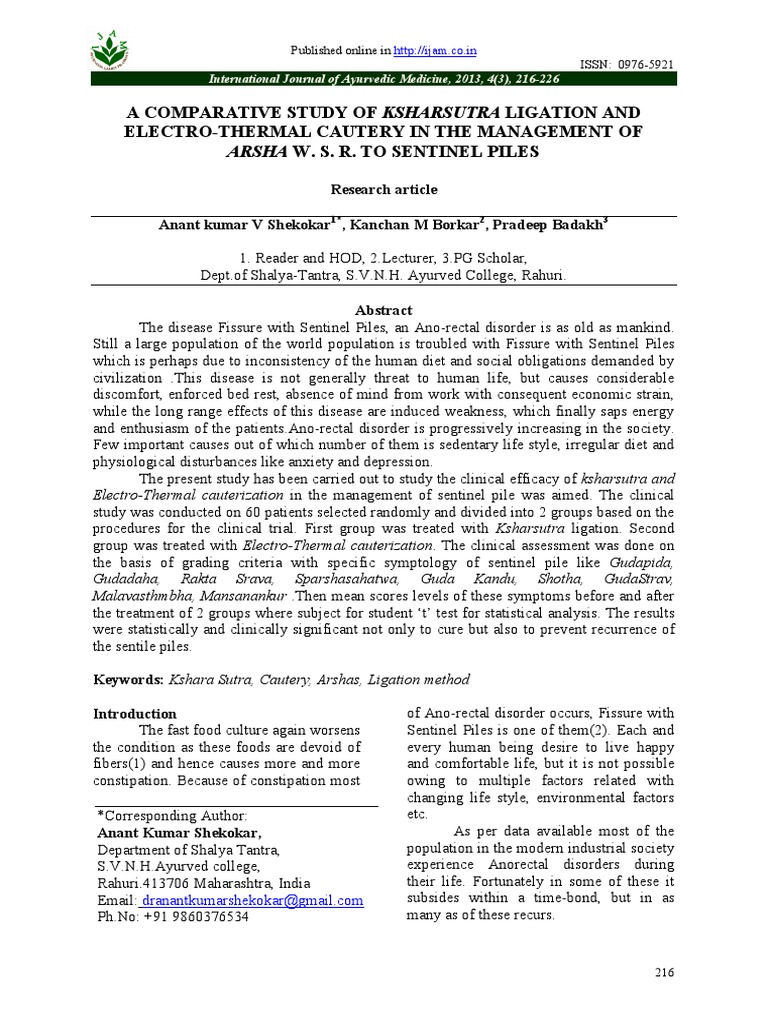 Research A Comparative Study of Ksharsutra Ligation and Electro-Thermal ...