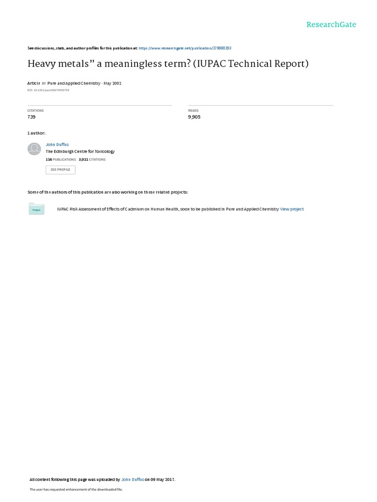 Heavy Metals" A Meaningless Term? (IUPAC Technical Report) : Pure and Applied Chemistry May 2002 ...