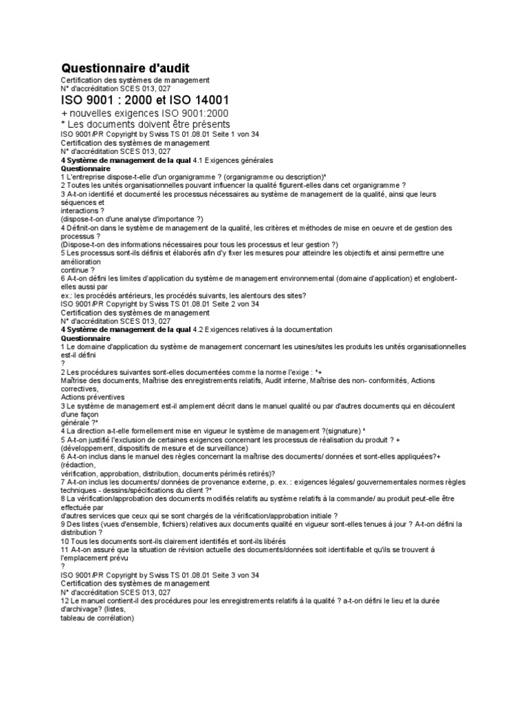 Questionnaire D'audit ISO 9001 | PDF | Management de la qualité ...