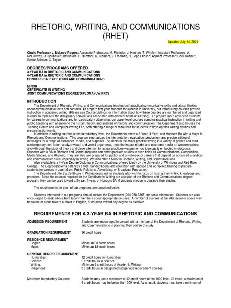Rhetoric, Writing, and Communications (RHET) : Degrees/Programs Offered ...