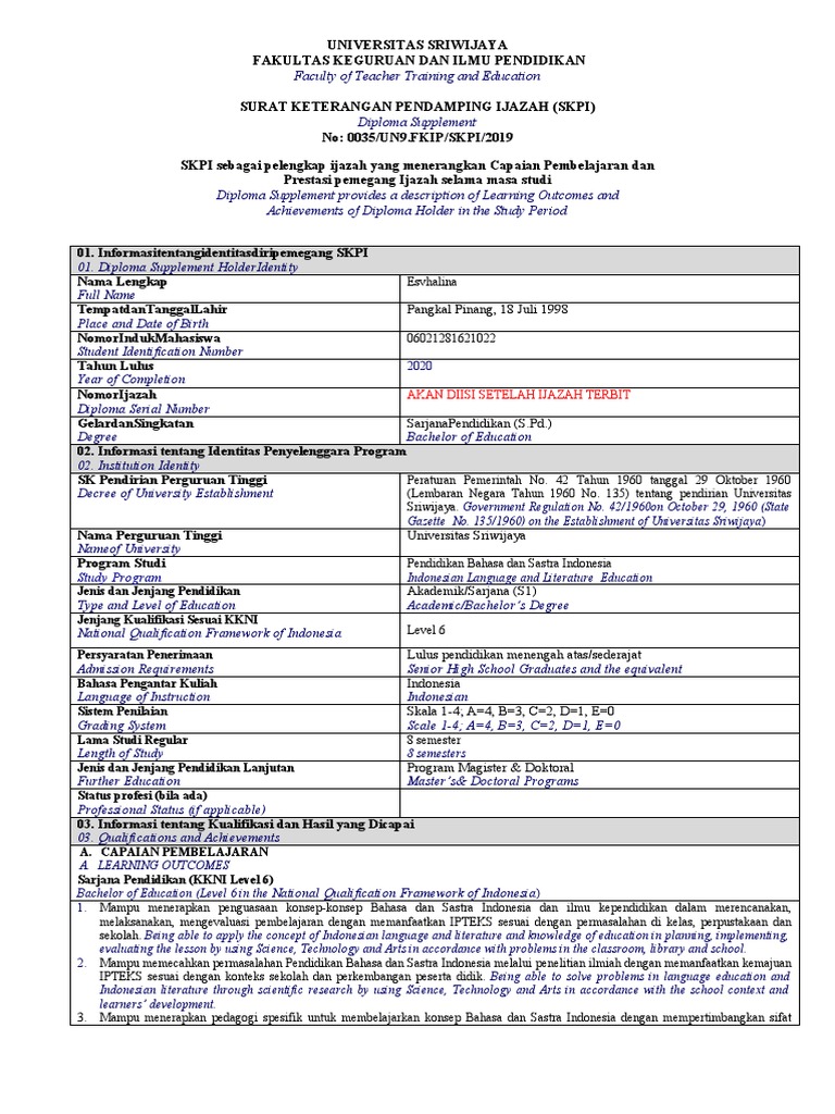 SKPI Universitas Sriwijaya 2020 | PDF