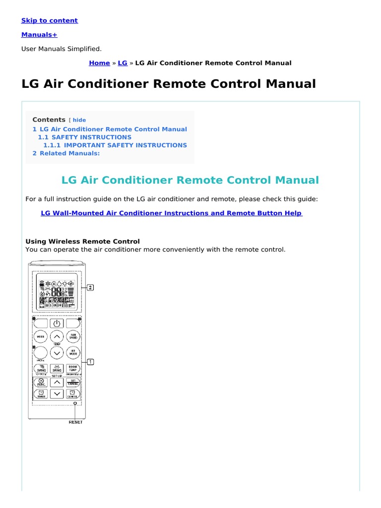 LG Air Conditioner Remote Control Manual | PDF | Ac Power Plugs And ...