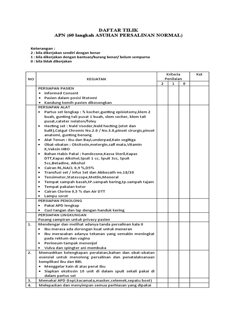 Daftar Tilik Apn (60 Langkah Asuhan Persalinan Normal) : Keterangan | PDF