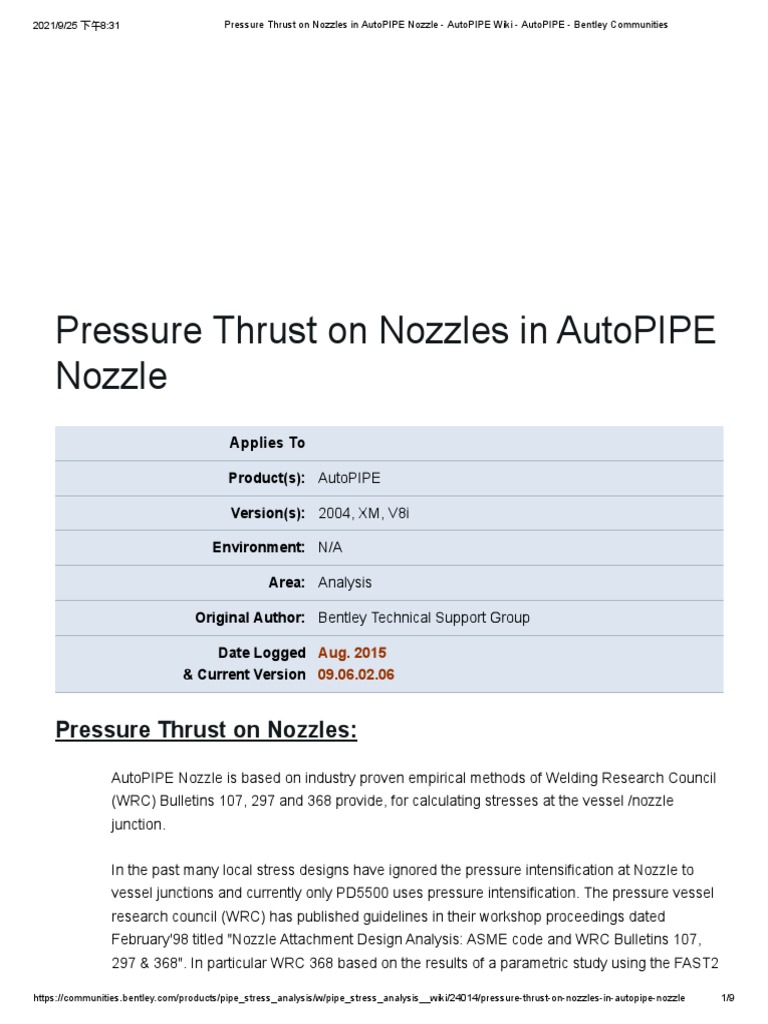 Pressure Thrust On Nozzles in AutoPIPE Nozzle - AutoPIPE Wiki ...