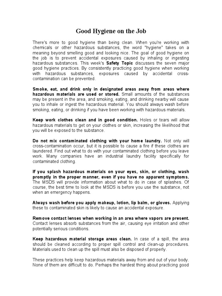 Good Hygiene On The Job | Download Free PDF | Hygiene | Clothing