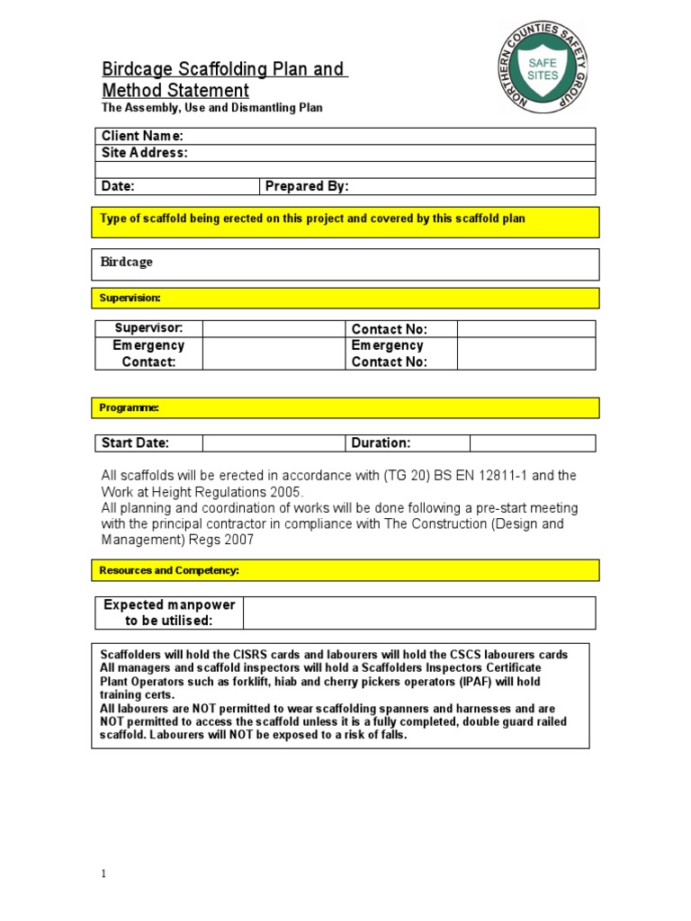 Birdcage Scaffold Plan & Method Statement | PDF | Scaffolding ...