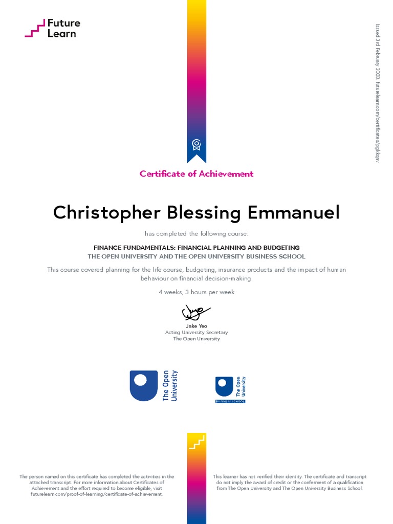 Personal Financial Planning and Budgeting Certificate of Achievement ...