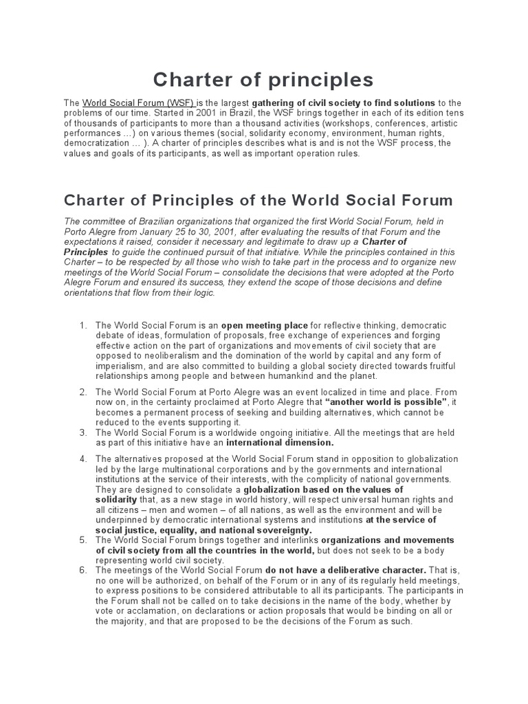 WSF Charter of Principles | PDF | Economies | Policy