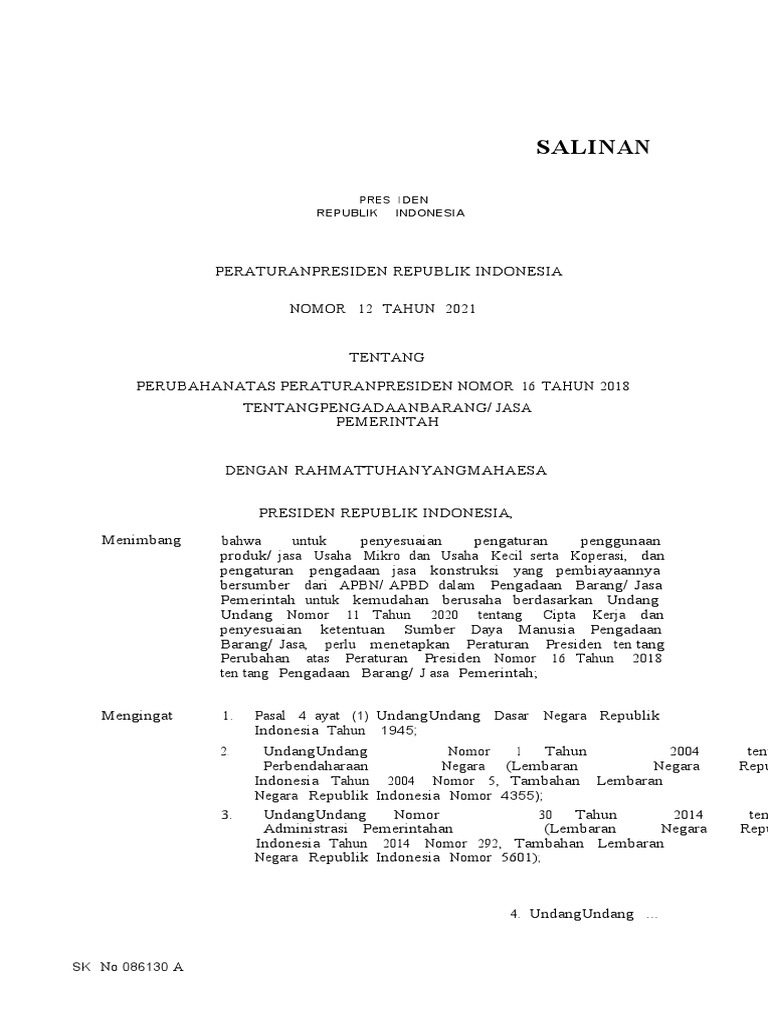 Salinan Perpres Nomor 12 Tahun 2021 | PDF