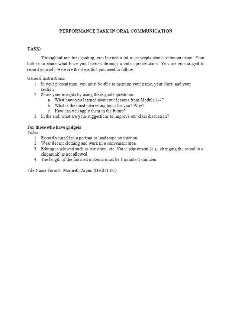 Performance Task in Oral Communication | PDF
