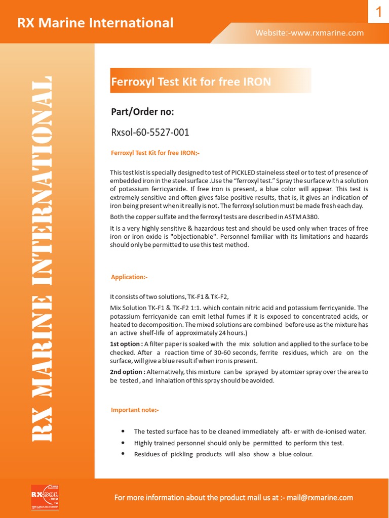 RX Marine International: Ferroxyl Test Kit For Free IRON | PDF | Iron ...