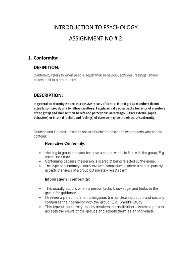 Introduction To Psychology Assignment No # 2: 1. Conformity: Definition ...