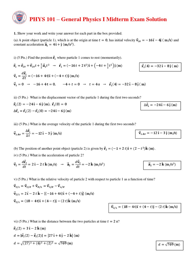 PHYS 101 - General Physics I Midterm Exam Solution | PDF | Force | Mass