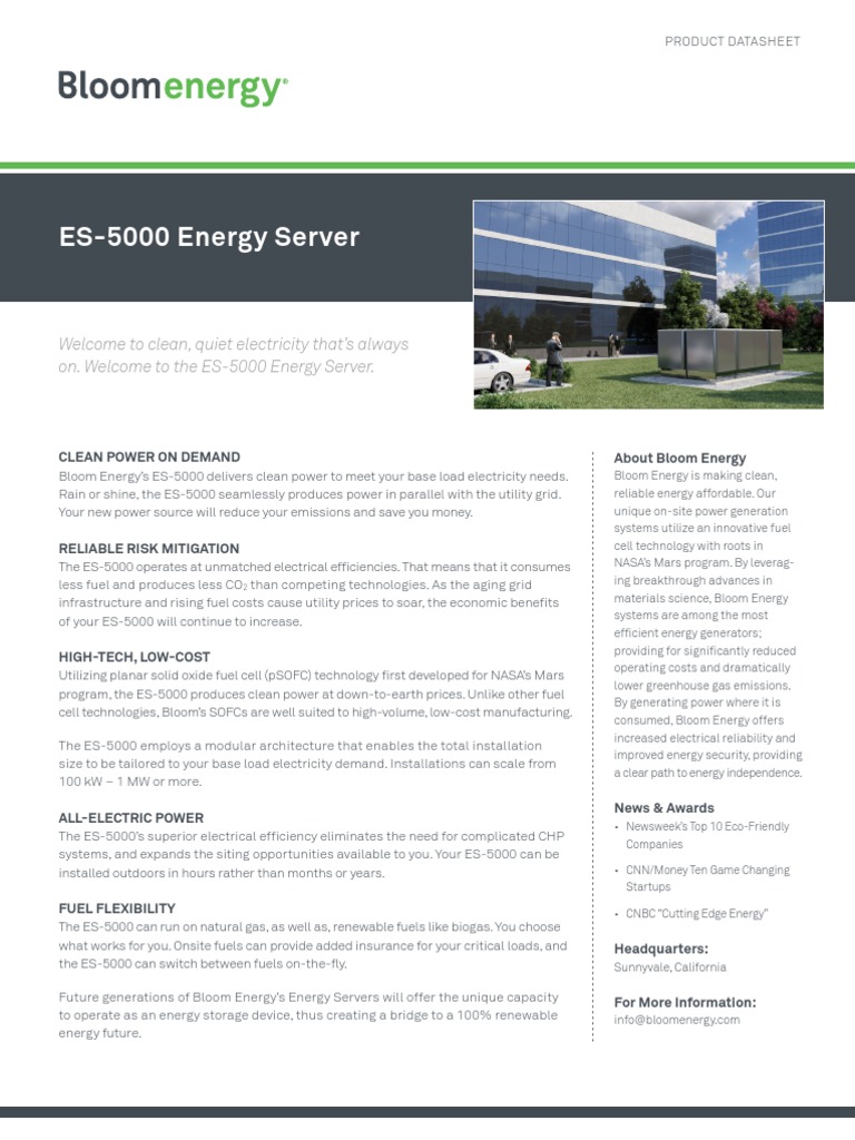Downloads PDF Bloom Energy DataSheet ES-5000 | PDF | Natural Gas ...
