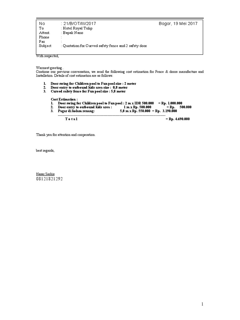 Surat Penawaran Pagar Kolam Renang (Revised) | PDF