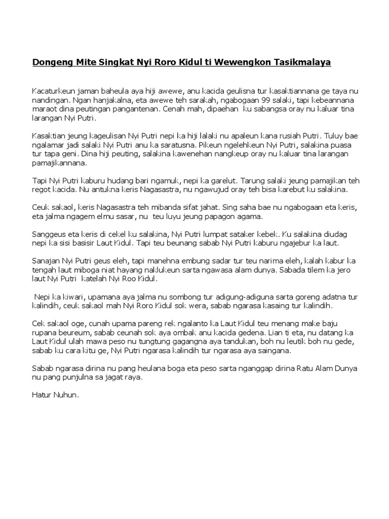 Dongeng Mite Singkat Nyi Roro Kidul Ti Wewengkon Tasikmalaya | PDF