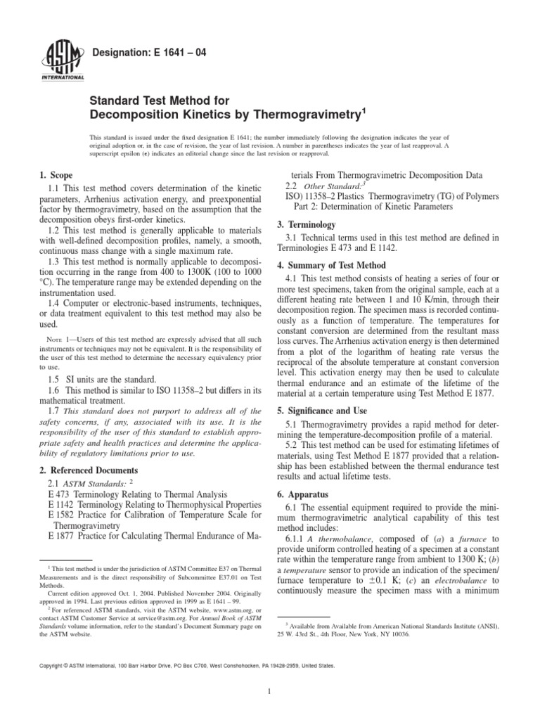 ASTM-E1641-Decomposition Kinetics by Thermogravimetry | PDF | Thermogravimetric Analysis ...