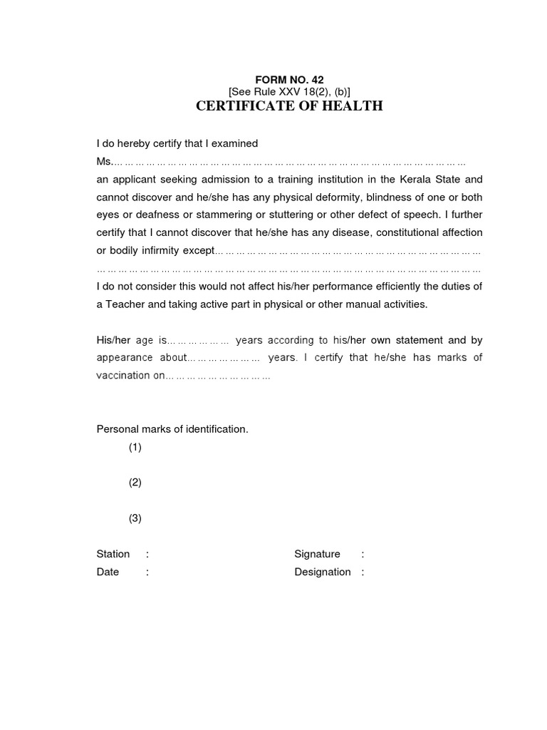 Certificate of Health: Form No. 42 | PDF