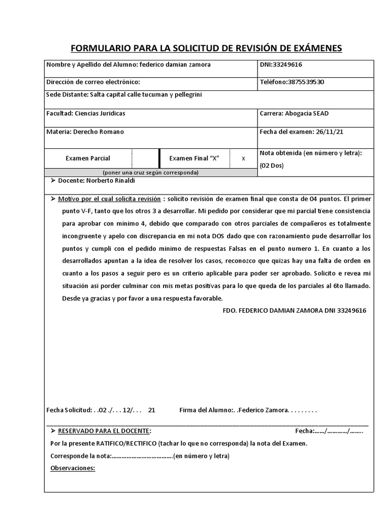 Formulario Revisión de Examenes | Descargar gratis PDF | Prueba ...