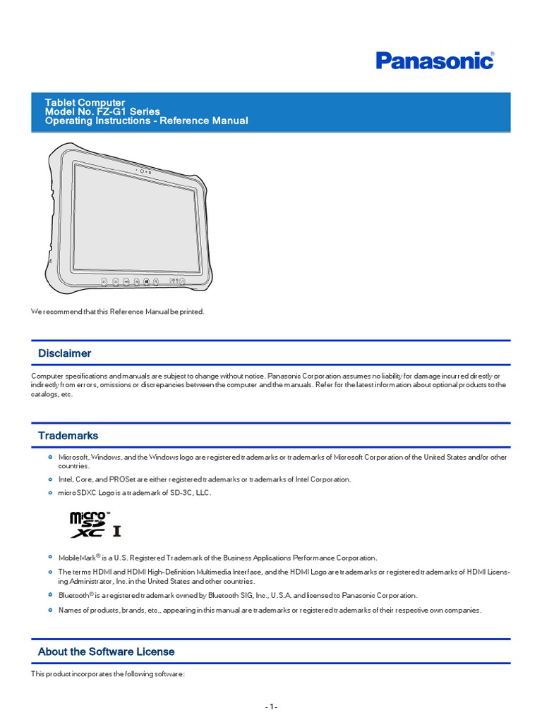 Tablet Computer Model No. FZ-G1 Series Operating Instructions ...