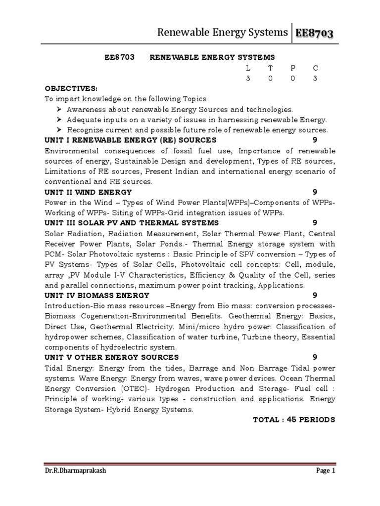 Ee8703 - Res - Unit 1 | PDF | Energy Development | Renewable Energy