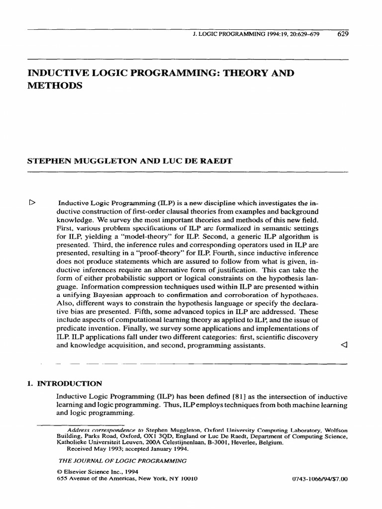 Inductive Logic Programming Theory And Methods Stephen Muggleton And Luc De Raedt Pdf