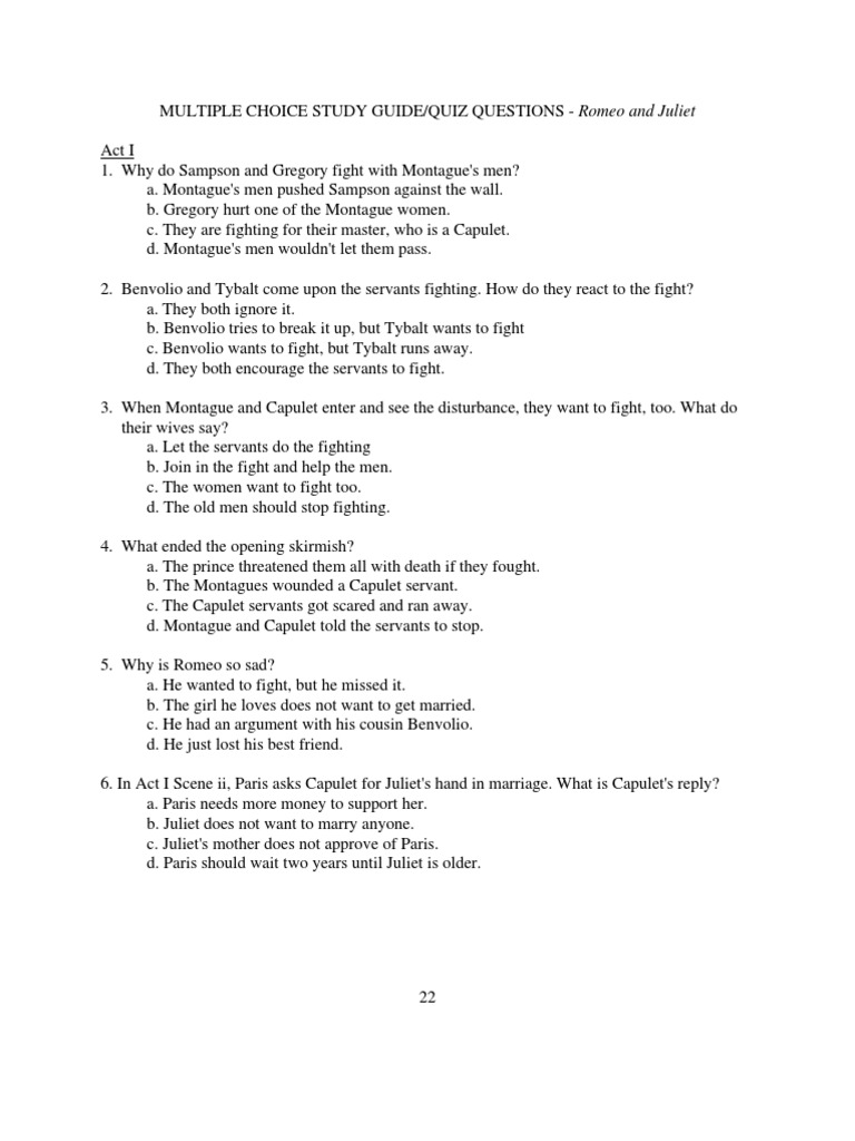 Romeo and Juliet Act I-V Quiz Guide | PDF | Characters In Romeo And ...