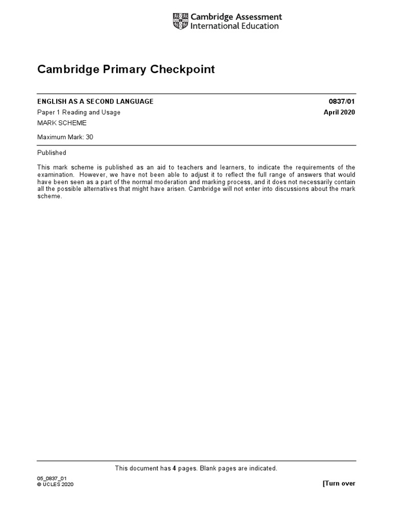 Cambridge Primary Checkpoint: English As A Second Language 2020 | PDF ...