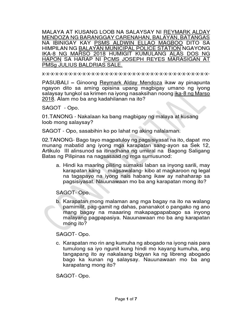 Malaya at Kusang Loob Na Salaysay Ni Reymark Alday Mendoza | PDF