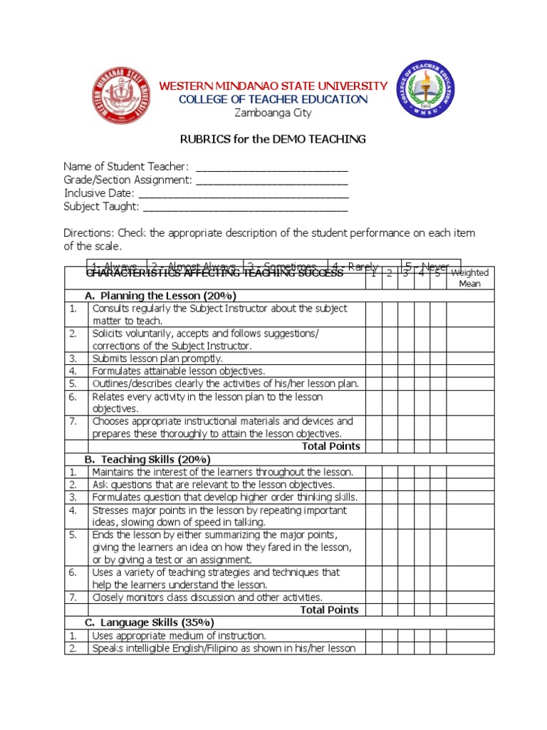 Rubrics For The Demo Teaching Final | PDF | Lesson Plan | Applied ...