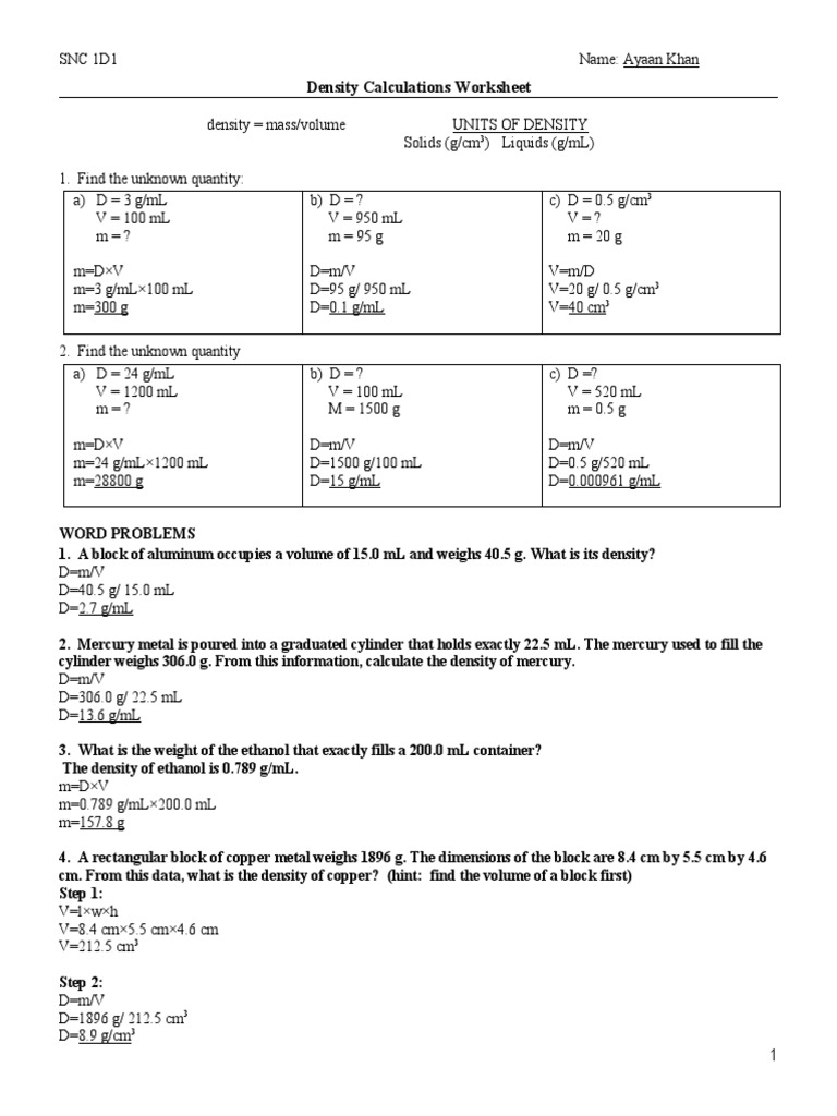 Density Calculations Worksheet | PDF | Density | Quantity