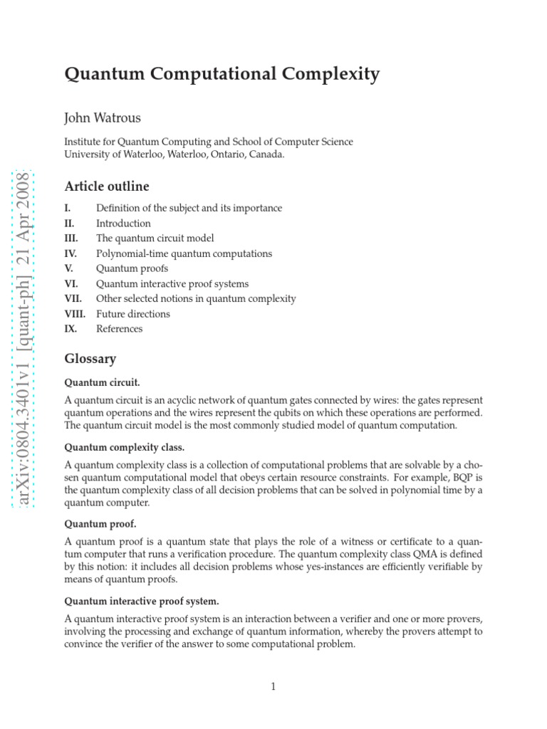 Quantum Computational Complexity: John Watrous | PDF | Computational Complexity Theory | Quantum ...