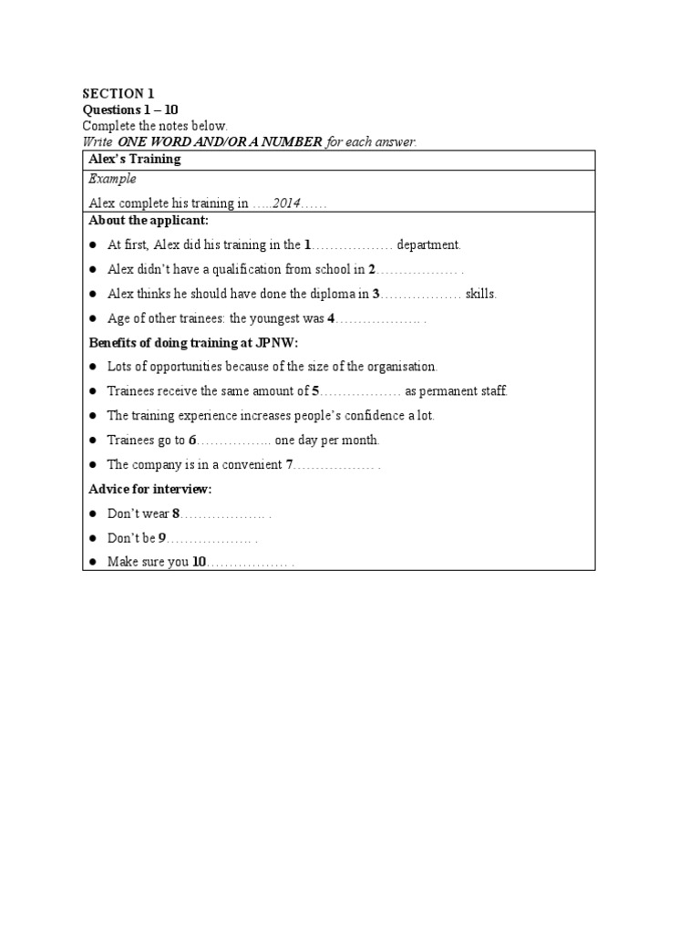 Write ONE WORD AND/OR A NUMBER For Each Answer. Example: Section 1 ...