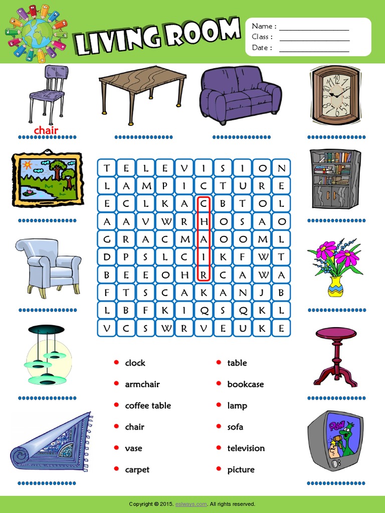 Living Room Esl Vocabulary Word Search Worksheet For Kids | PDF