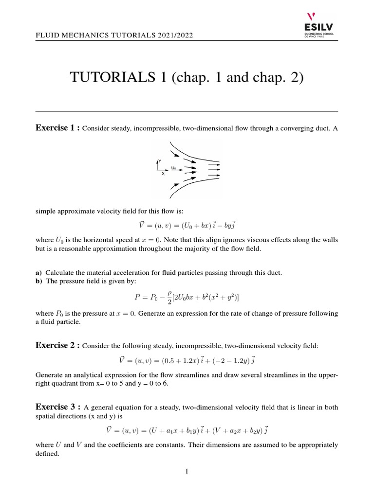 TUTORIALS 1 (Chap. 1 and Chap. 2) : Exercise 1 | PDF | Fluid Dynamics | Rotation Around A Fixed Axis