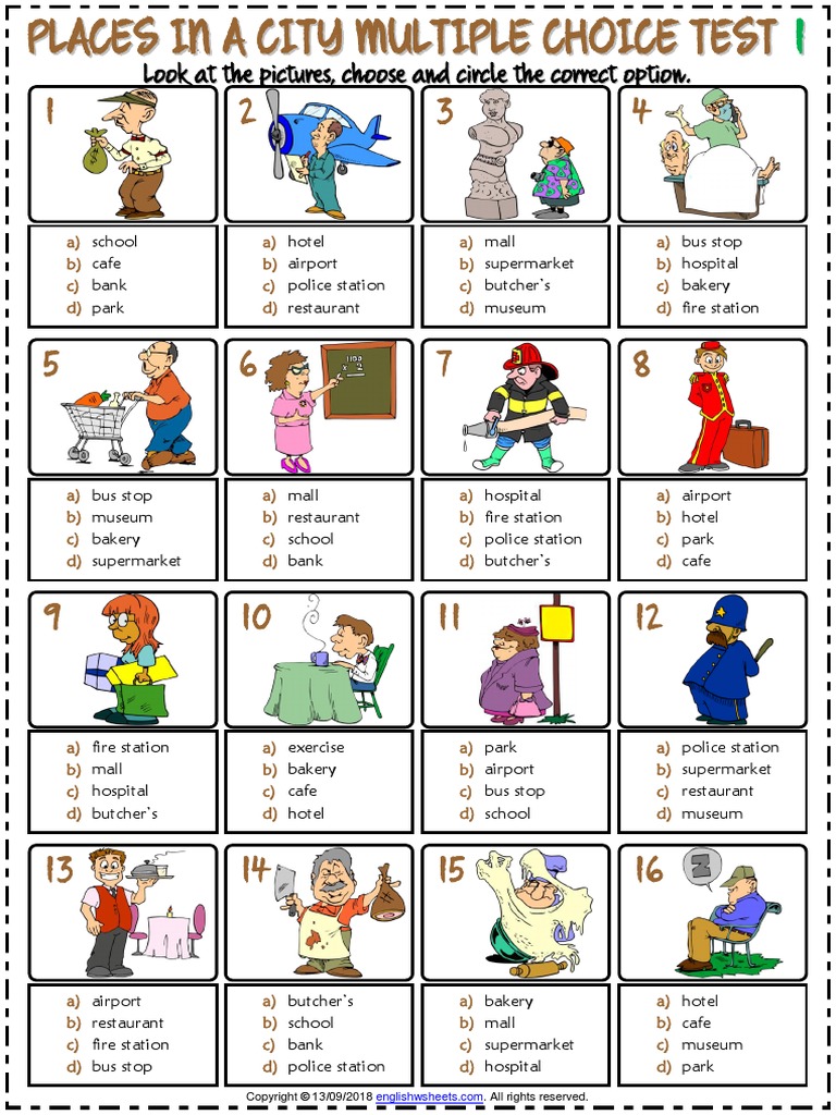 Places in A City Vocabulary Esl Multiple Choice Tests For Kids | PDF