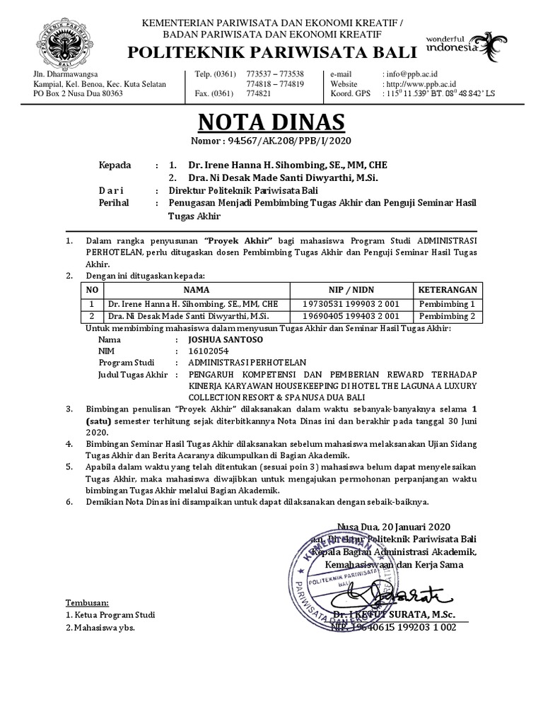 Nota Dinas: Politeknik Pariwisata Bali | PDF
