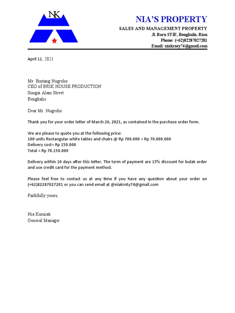 Reply To Order Letter | PDF