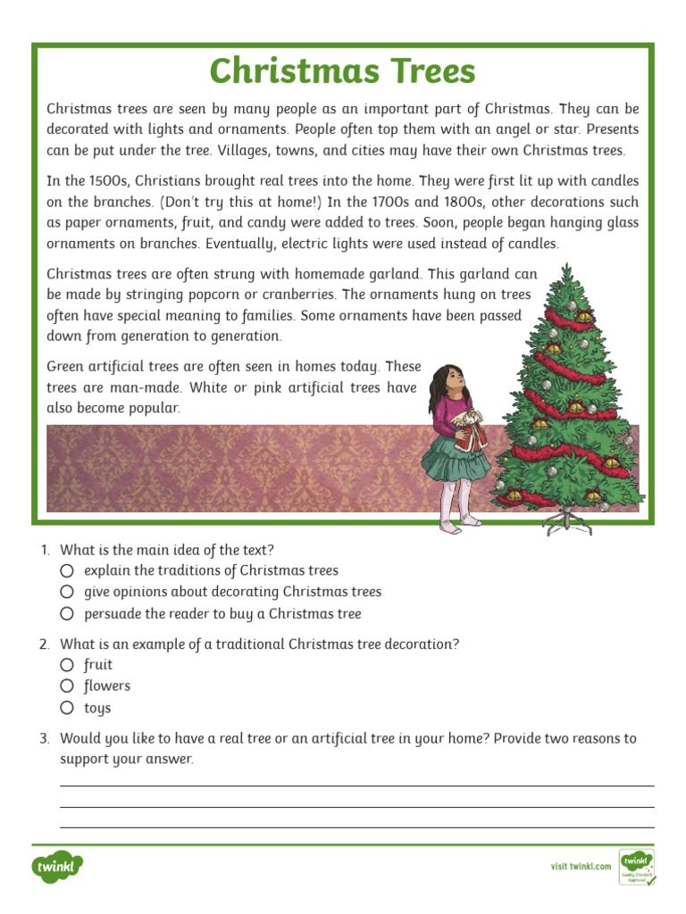 Color Third Grade Christmas Trees Reading Passage Comprehension ...