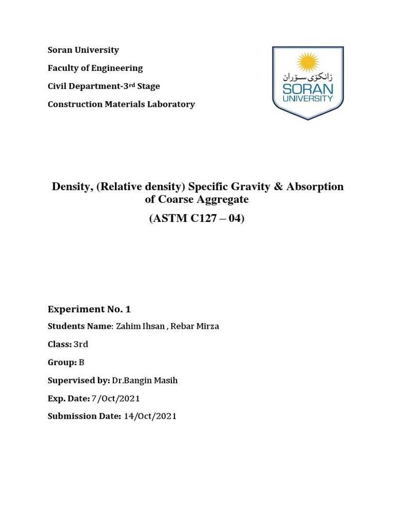 Density, (Relative Density) Specific Gravity & Absorption of Coarse Aggregate (ASTM C127 - 04 ...