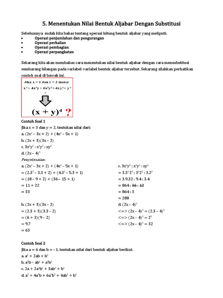 Substitusi Aljabar untuk Kelas 7 | PDF