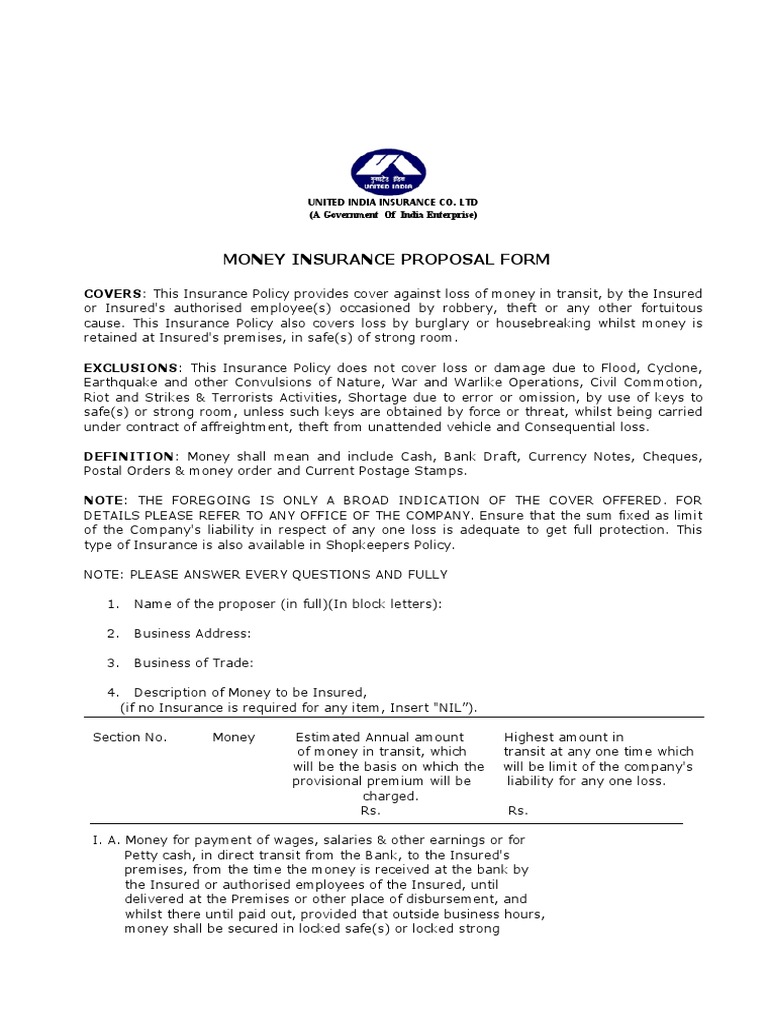 Money Insurance Proposal Form | PDF | Insurance | Burglary