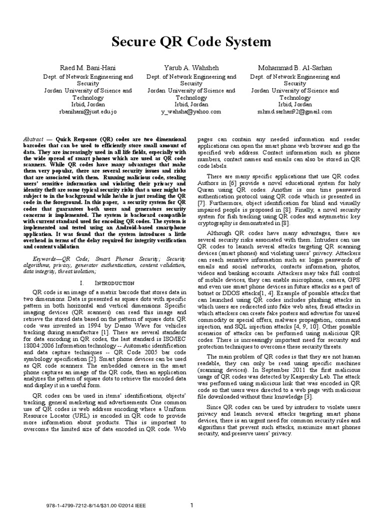Secure QR Code System: Raed M. Bani-Hani Yarub A. Wahsheh Mohammad B. Al-Sarhan | PDF | Qr Code ...