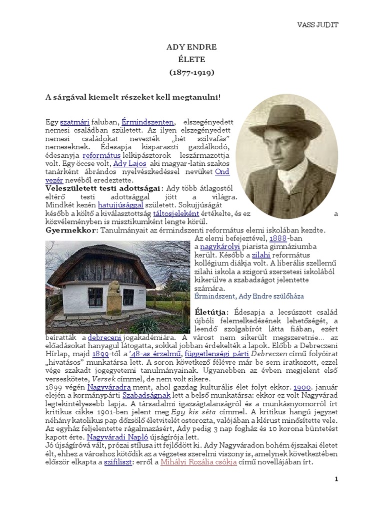 Ady Endre Élete Költészete | PDF