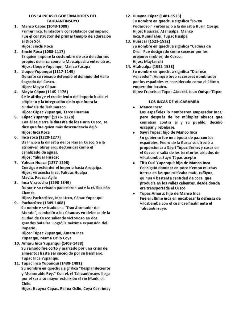 Los 14 Incas o Gobernadores Del Tahuantinsuyo | PDF | Imperio Inca | Perú
