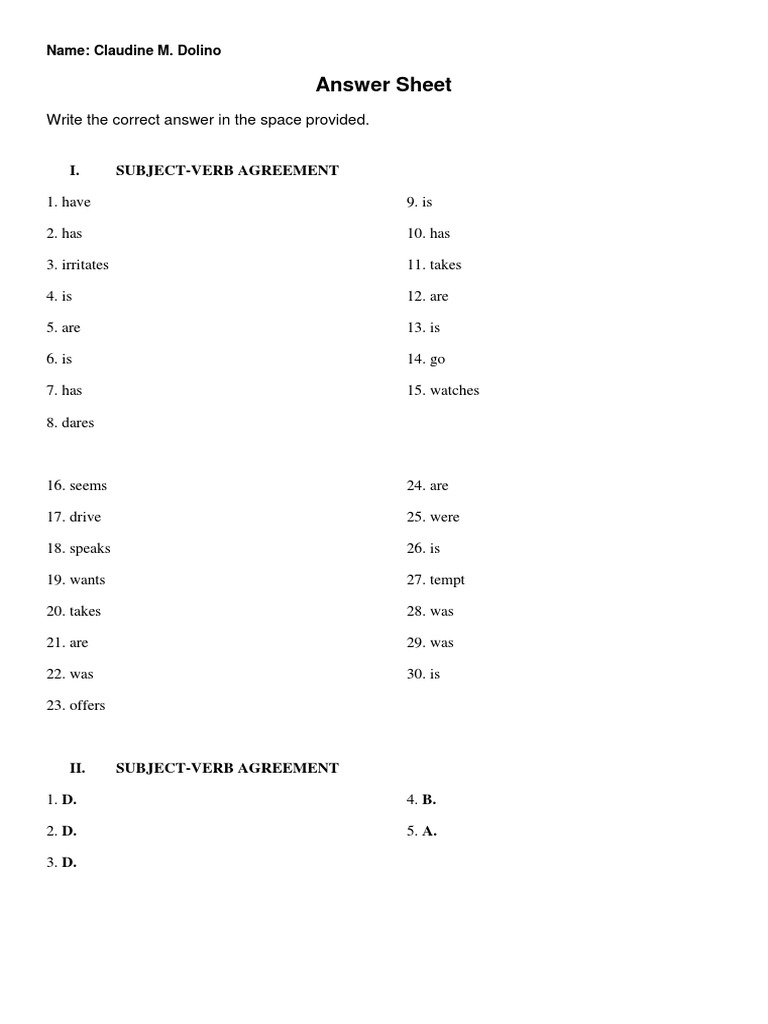 Subject-Verb Agreement Answer Key | PDF