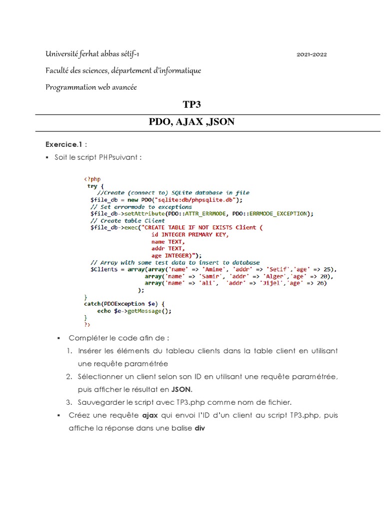 TP3 : PHP, AJAX et JSON en Informatique | PDF | Affaires | Ordinateurs