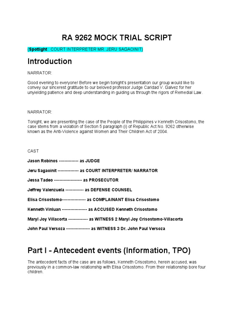 Ra 9262 Mock Trial Script | PDF | Plea | Judge