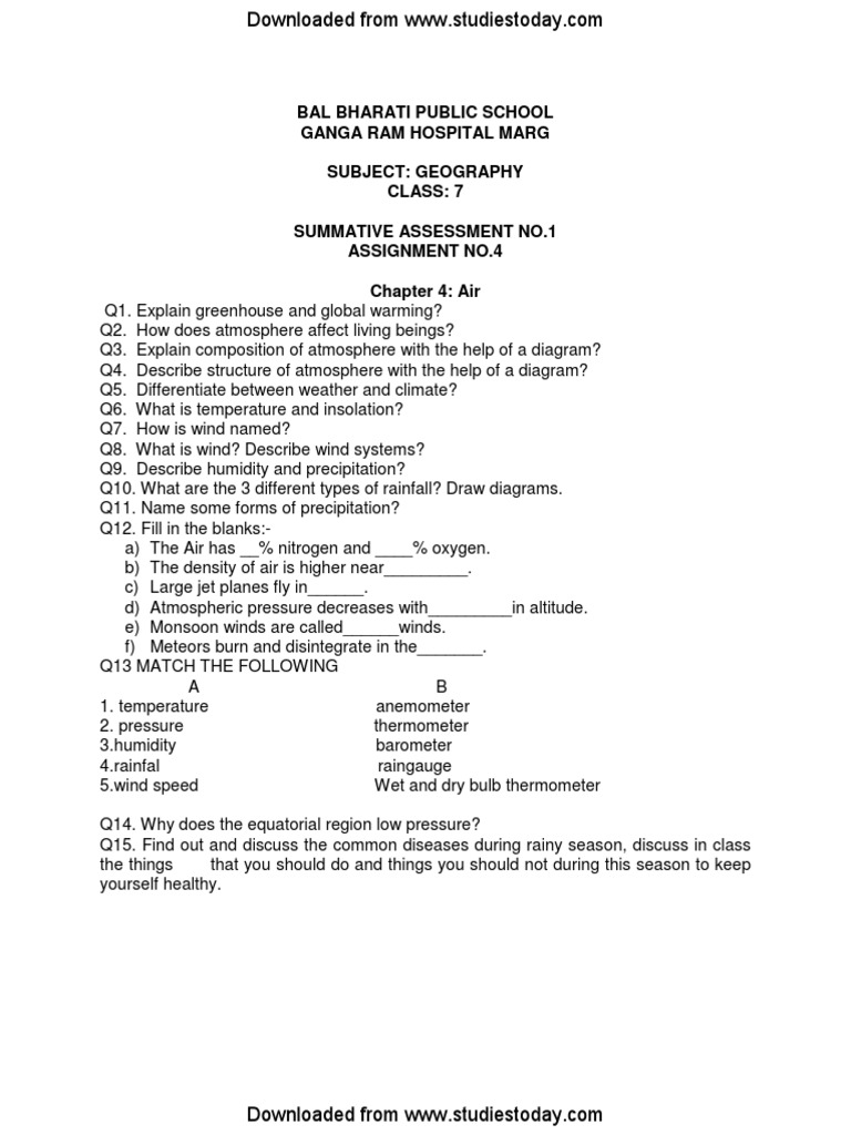 Class 7 Geography: Chapter 4 Air Worksheet | PDF | Science & Mathematics