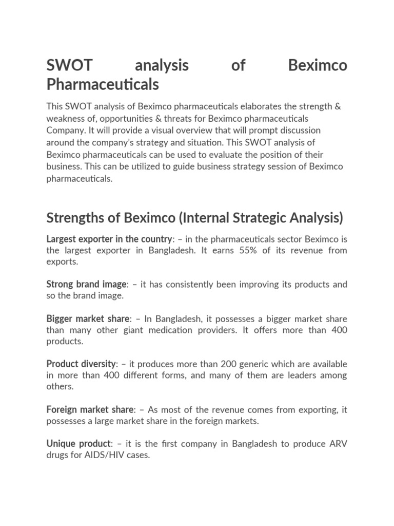 SWOT Analysis of Beximco Pharmaceuticals | PDF | Swot Analysis | Pharmacy